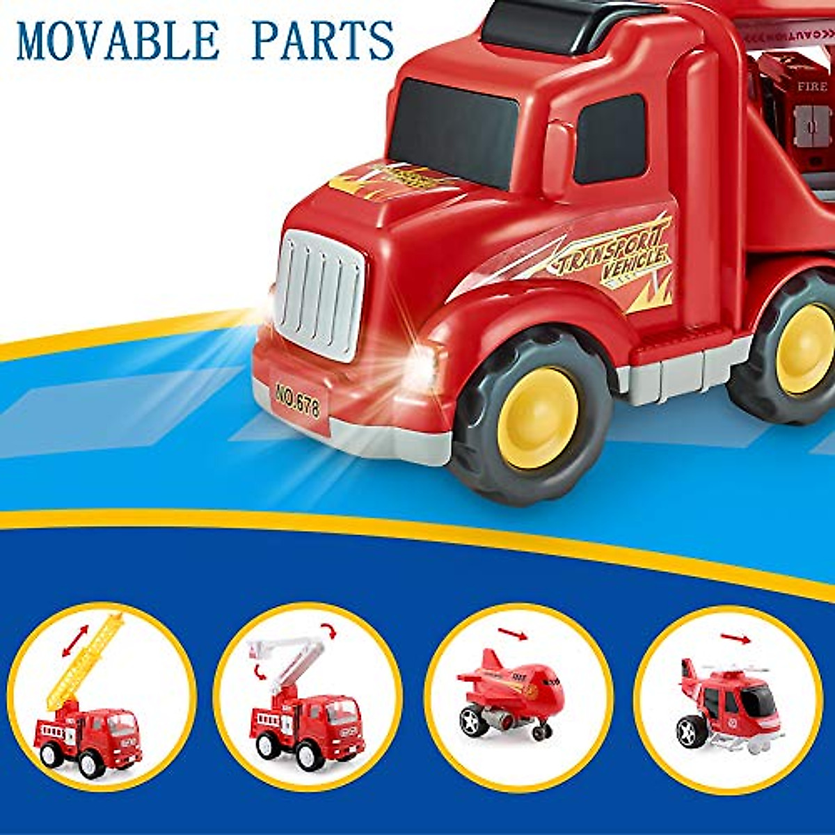SLENPET Fire Truck Toys for 3 4 5 Years Old Boys Kids Toddlers, Vehicles Toy Set with Light and Sound, Large Transport Cargo Truck, Small Helicopter, Airplane, Emergency Rescue Cars, 5 in 1 Playset