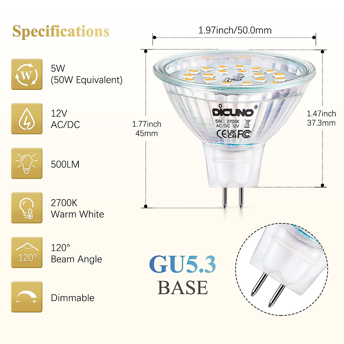 DiCUNO MR16 LED Bulbs Dimmable 50W Halogen Replacement 2700K Warm White, GU5.3 Bi-Pin Base Glass Cover 120 Degree Beam Angle 12V 5W 500 Lumens, Landscape Spotlight Track Recessed Lighting, 10 Packs