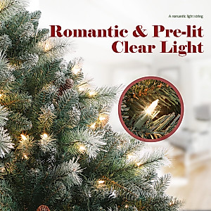 OasisCraft 6.5ft Pre-lit Snowy Aspen Spruce Christmas Tree, Full Flocked Christmas Tree with Lights, Metal Stand, for Home Office Party Decoration