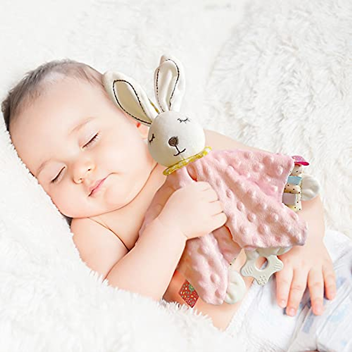 Upalupa Bunny Lovey Blanket and Minky Dot Fabric Tags Security Blanket, Pink