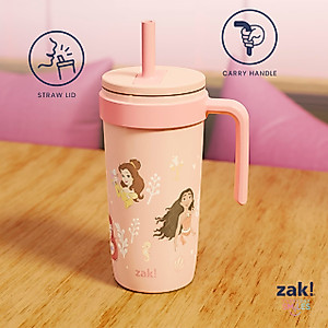 Zak Designs Disney Princess Fairway Travel Tumbler for Home or On the Go, 18oz Stainless Steel with Vacuum Insulation, Spillproof Straw, and Handle (Ariel, Belle, Cinderella, Jasmine, Moana, Tiana)