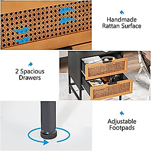 Tribesigns 2-Drawers Nightstands Set of 2, Black Wood Night Stand, Mid-Century Bedside Table, Retro Nightstands with Metal Legs, Bed Side Table for Bedroom, Rattan Nightstand with Big Storage