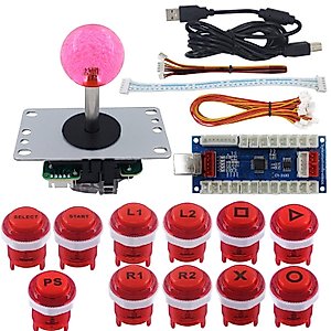 SJ@JX Arcade Game Stick DIY Kit Buttons with Logo 8 Way Joystick USB Encoder Cable Controller for PC PS3 PS2 MAME Raspberry Pi Red