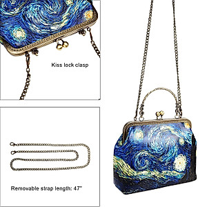 Rejolly Women Leather Vintage Handbag Kiss Lock Top Handle Evening Clutch Purse Shoulder Bag Van Gogh The Starry Night