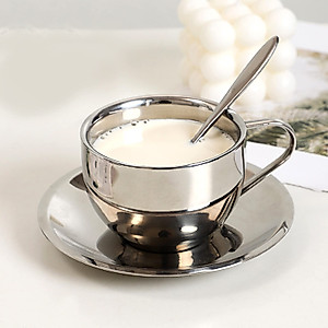 Okllen 4 Pack Stainless Steel Coffee Cup Set, 6 Oz Coffee Mugs with Spoon and Saucer, Double Walled Espresso Cups Mugs for Coffee, Latte,Tea, Milk