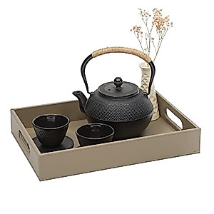 2-Pack Wooden Nesting Serving Tray Set with Stitched Faux Leather Skin and 2 Handles, Slip-Resistant Breakfast Service Tray in 2 Sizes (13.8x9.9x2.3 and 15.8x12x2.5 in, Taupe)
