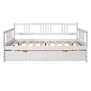 Lepfun Full Daybed with Twin Size Trundle, Wood Full Size Bed Frame with Rails in Three Sides, Full Sofa Bed for Living Room, Bedroom, Apartment, Dorm, No Box Spring Needed (Full, White)