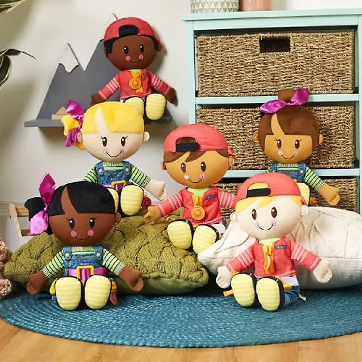 Playskool Dressy Kids Doll, Brown Hair and Bow, Activity Plush Toy with Zipper, Shoelace, Button, For Ages 2+ (Amazon Exclusive)