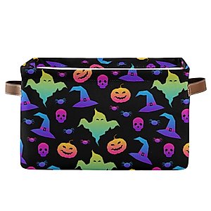 Foldable Storage Basket, Cube Organizer Bins Pumpkin Skull Spider Witch Rainbow Halloween Cube Bag Dual Handles for Closet Shelf
