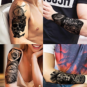 VANTATY 22 Sheets Sexy 3D Temporary Tattoos For Women Men Arm Forearm, Waterproof Fake Tattoo Stickers For Adults Realistic Tiger Lion, Halloween Skeleton Rose Flower Tatoos Warrior Anchor Compass