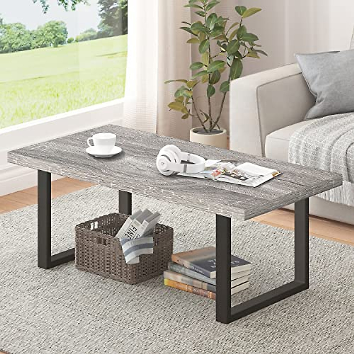 IBF Industrial Coffee Table, Wood and Metal Simple Modern Rustic Center Table, Minimalist Rectangle Farmhouse Wooden Cocktail Table for Living Room, Light Grey Oak, 47 Inch