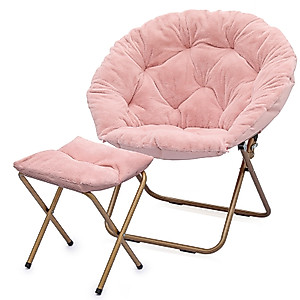 MoNiBloom Round Folding Faux Fur Saucer Chair for Bedroom Living Room Dorm Foldable Metal Frame Oversized Large Comfy Furry Padded Soft Cozy Moon Chair with Footrest Ottoman for Adults (Pink)
