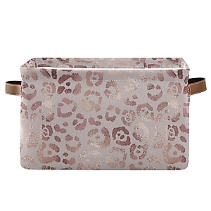 Foldable Storage Basket, Cube Organizer Bins Leopard Print Cheetah Rose Gold Cube Bag Dual Handles for Closet Shelf