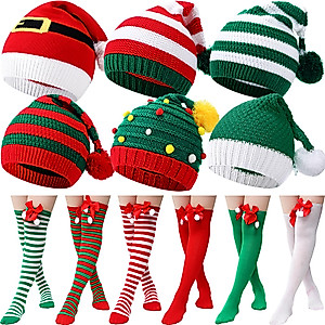 Liitrsh 12 Pcs Christmas Knitted Hat Long Striped Socks Set 6 Pcs Santa Xmas Beanie Winter Knitted Cap 6 Pair Thigh High Christmas Socks Striped Stockings for Women and Girls Gift, Multicolor