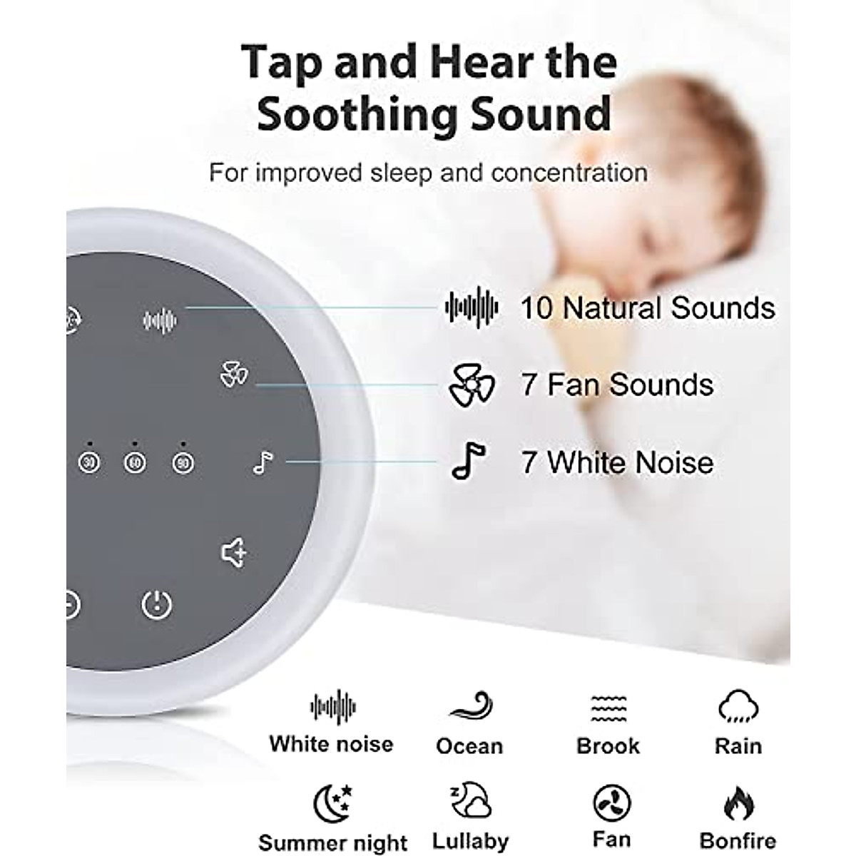 Anescra White Noise Sound Machine and Night Light for Home Office with 24 Soothing Nature Sounds,16 Levels Volume, Portable Sleep Sound Timer Therapy for Baby Adults Kids, Sleeping Aid|USB Type-C