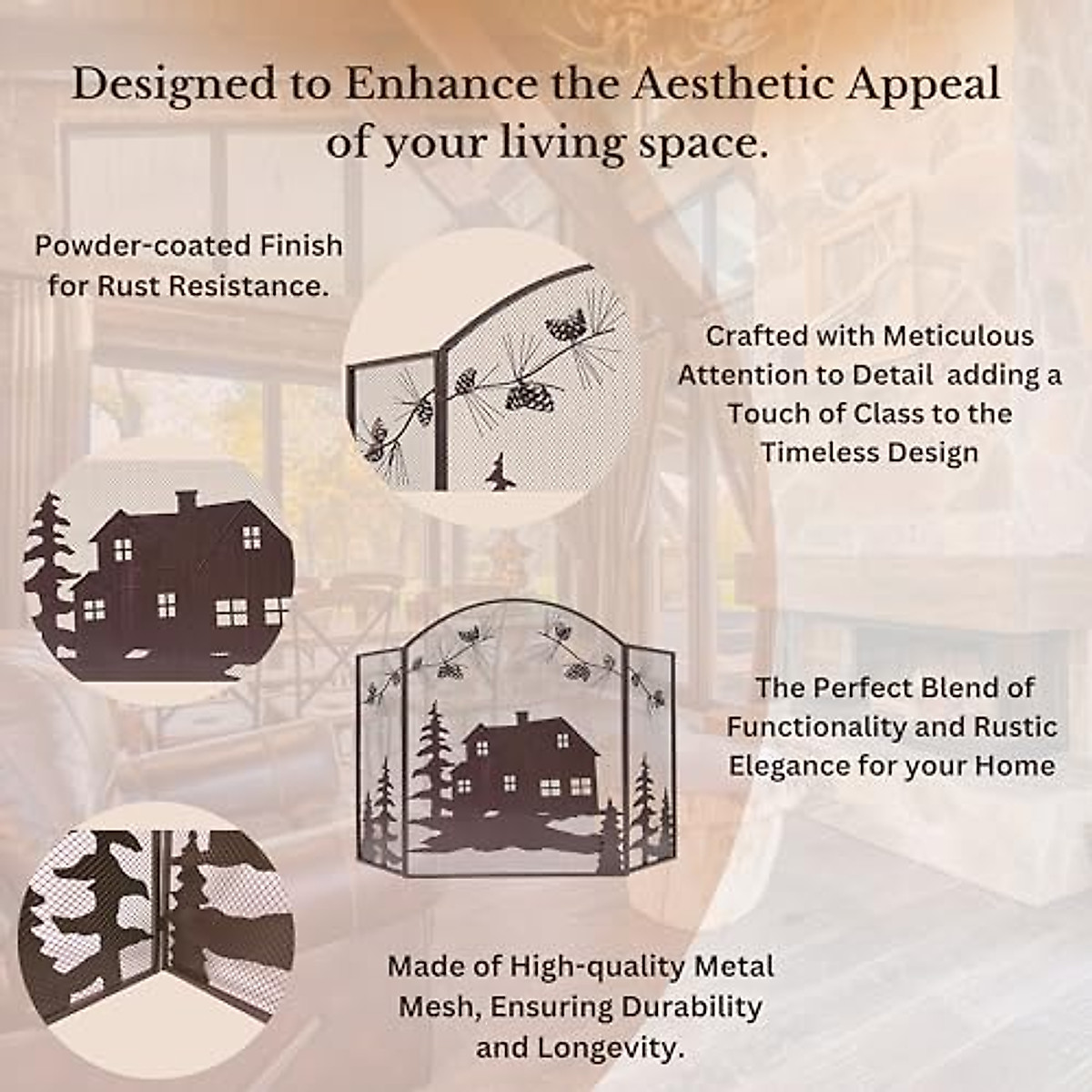 BestGiftEver 3-Panel Fireplace Screen Decorative with House Cabin Lodge Pine Cone Design - Stand Alone Fireplace Cover Metal Mesh Screen - Home Decorative Firescreen forRustic Western Country Style