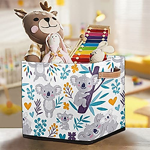 Cute Koala Cube Storage Bins 13 x 13 x 13 inch, Bears Floral Fabric Organizer Bins Basket Boxes with PU Leather Handles Foldable Storage Cube for Clothes Bedroom Closet Shelves