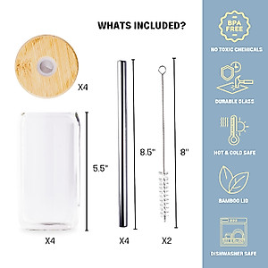 My Nest Modern Glass Cups with Lids and Straws (Set of 4, 16oz) - Aesthetic Cups Ideal as Glass Coffee Cups, Matcha Glass, Smoothie Cup, Bear Glass Cup