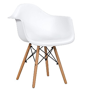 Safstar Mid Century Modern Dinning Chair Set of 2, 2 Pieces DSW Side Chair w/Beech Wood Legs & Curved Seat Supports, Accent Plastic Shell Chair Set for Kitchen, Dining, Bedroom, Living Room (2, White)