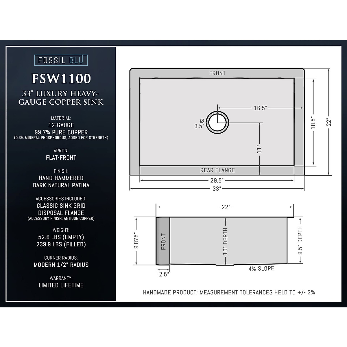 FSW1100 LUXURY 33-INCH HEAVY 12-GAUGE DARK PATINA COPPER FARMHOUSE SINK, INCLUDES ACCS, FLAT FRONT