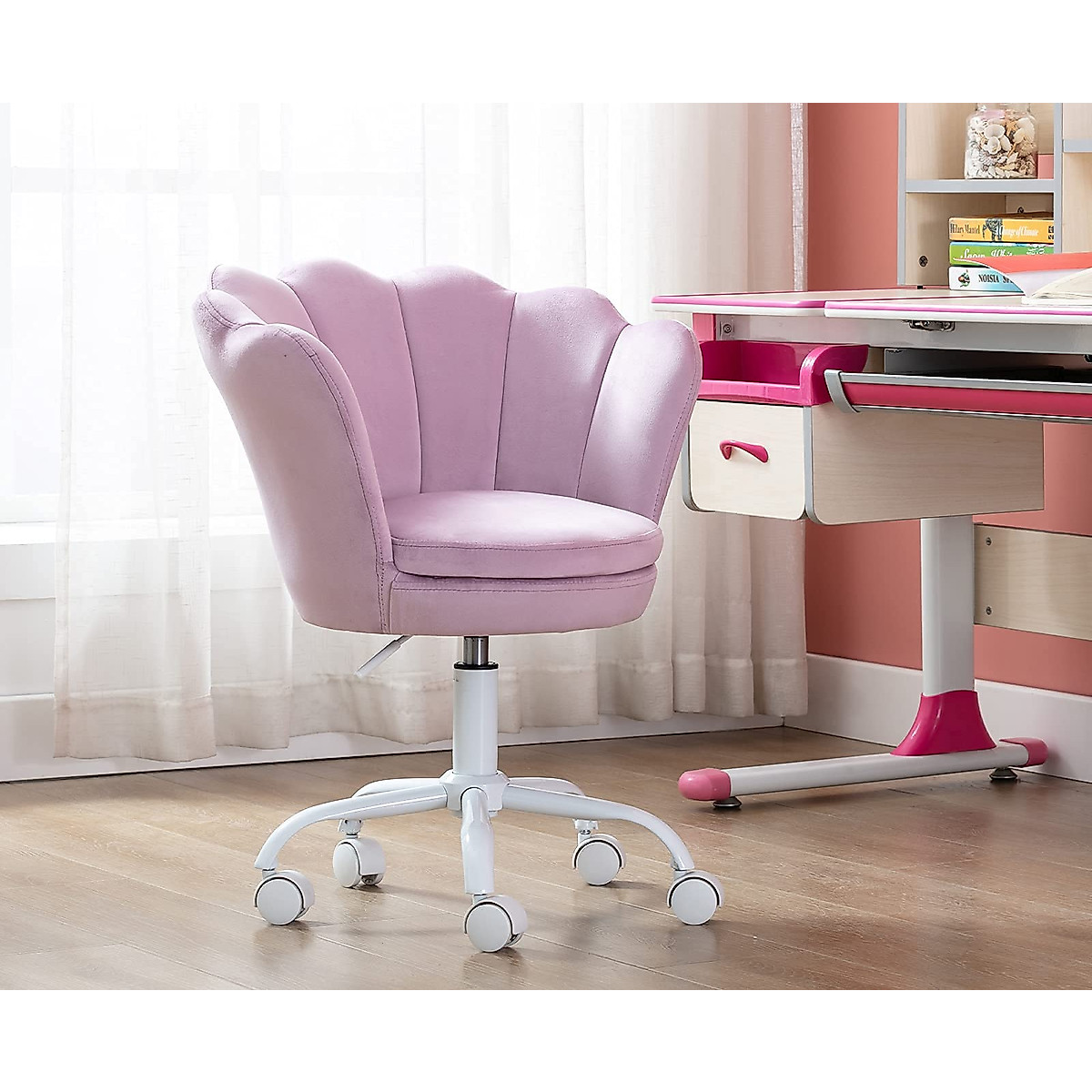 chairus Cute Kids Desk Chair Velvet Living Room Accent Armchair Upholstered Teens Vanity Chair with Seashell Back, Adjustable Swivel Children Study Chair for Computer Homework, Purple