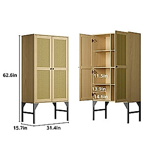 Cozy Castle 63" Rattan Storage Cabinet with Doors and Adjustable Shelves, Tall Accent Pantry Cabinet, Kitchen Cabinet for Dining Room, Living Room, Oak