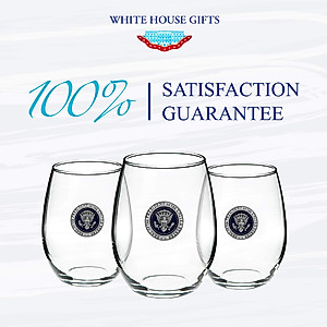White House Gifts: Presidential Seal Glass Pewter Wine Tumbler (15 oz) Stemless Wine Glass with Fine Pewter Casting on Presidential Symbol - Perfect Souvenir or Home Bar Collectible - Made in the USA_AB