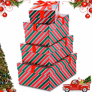 Cholemy 4 Pcs Christmas Gift Boxes with Lids in Assorted Sizes Nesting Stacked Rectangle Gift Boxes for Presents Red Green Striped Decorative Boxes for Gifts Giving Holiday Treats Present Wrapping