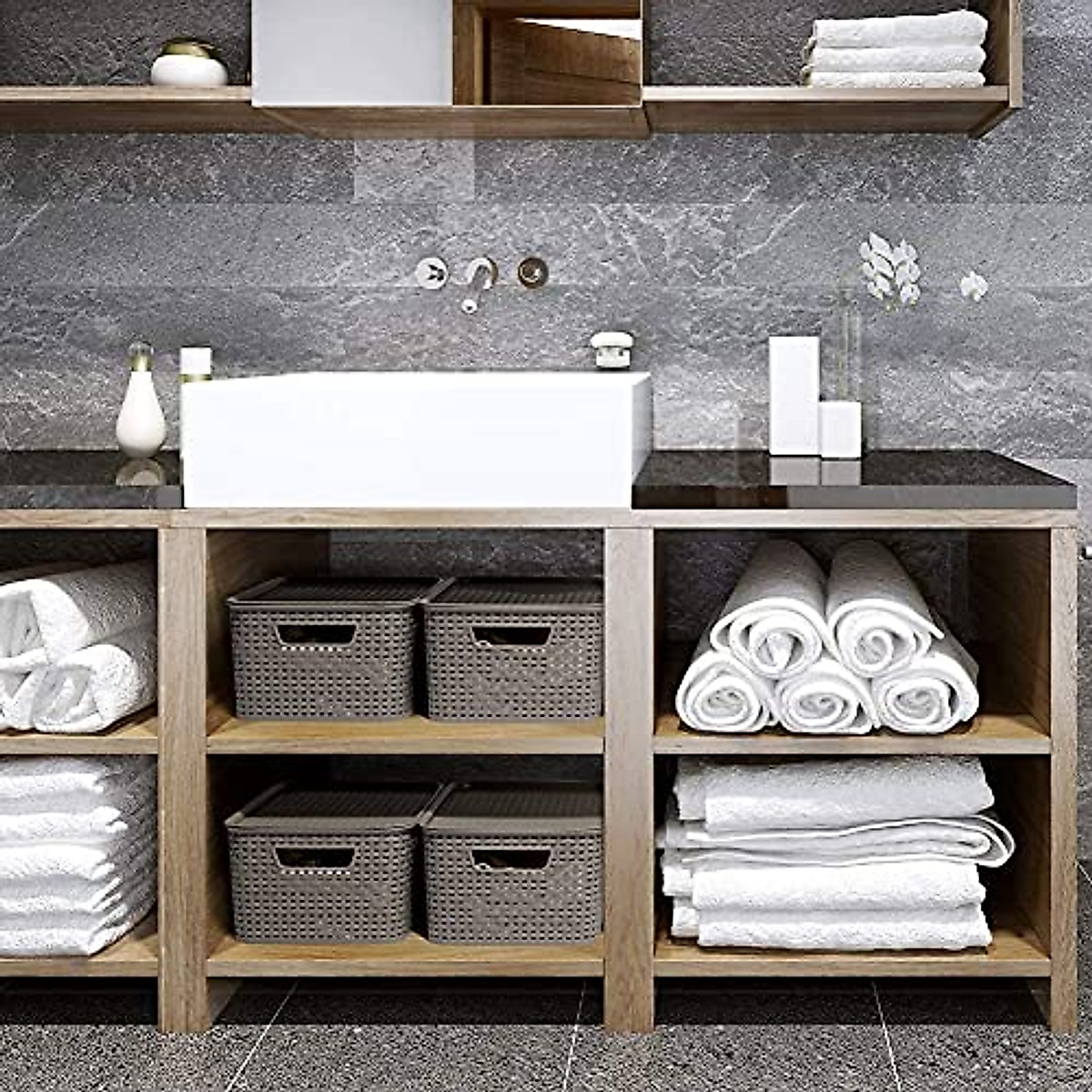 EZOWare Set of 8 Lidded Storage Bins, Large Plastic Stackable Weaving Wicker Basket Box Containers with Lid and Handle, (15.4" x 10.5" x 6.7" + 11" x 7.3" x 5.1")