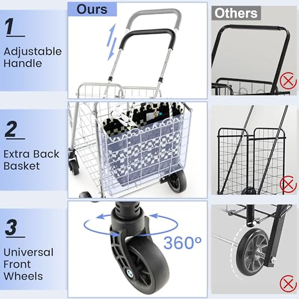 Goplus Folding Shopping Utility Cart, Double Basket and 360° Swivel Wheels, Adjustable Handle, Small Cart Perfect for Grocery Laundry Book Luggage Travel