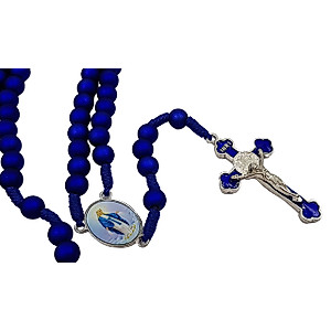 TALISMAN4U Deep Blue Rosary Beads Catholic Prayer Necklace with Saint Benedict Crucifix Our Lady of Grace Medal Religious Gift Rosary Pouch