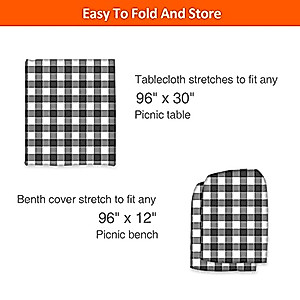 KENOBEE 8ft Picnic Table and Bench Fitted Tablecloth Cover, 96"x30" Flannel Backing Elastic Edge Waterproof Wipeable Plastic Cover Vinyl Tablecloth for Home Goods Indoor Outdoor Patio, Black-White