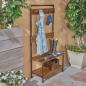 GDFStudio Outdoor Industrial Acacia Wood Bench with Shelf and Coat Hooks, Teak Finish