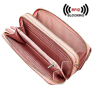 Women Crossbody Wallet RFID Blocking Cell Phone wristlet Purse with shoulder strap small cross body bag （Pink