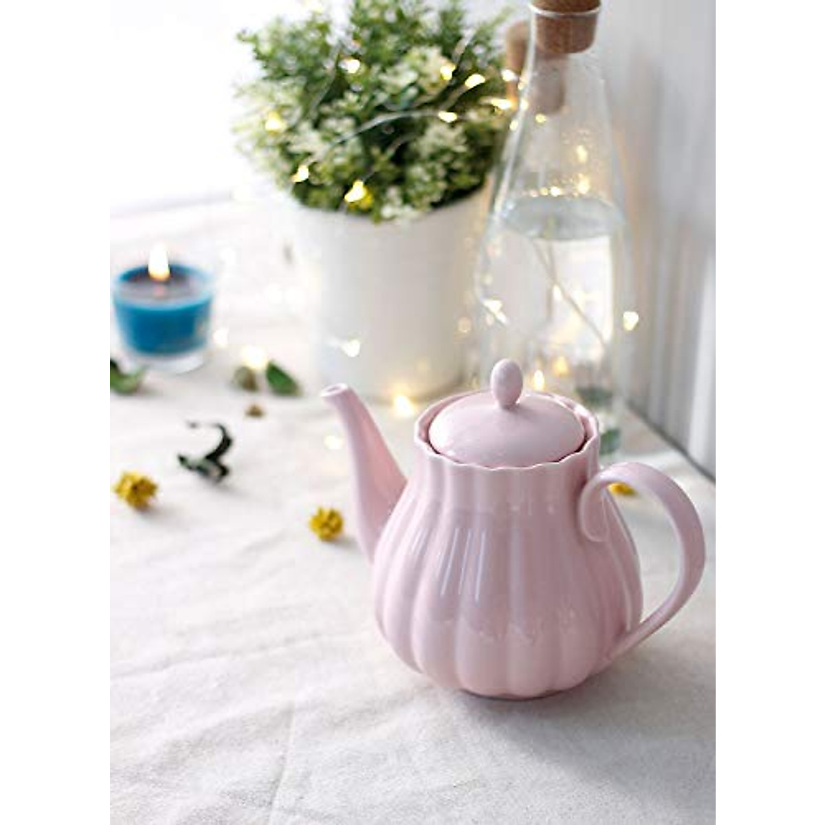Sweese 222.108 Ceramic Teapot Pumpkin Fluted Shape, Pink - 28 Ounce