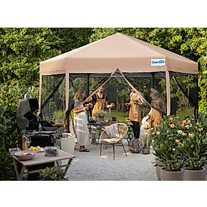 Quictent 13'x13’ Hexagonal Pop up Canopy Tent with Mosquito Netting, Instant Screened in Canopy Screen House Room Tent Easy Set up with LED Lights (Beige)