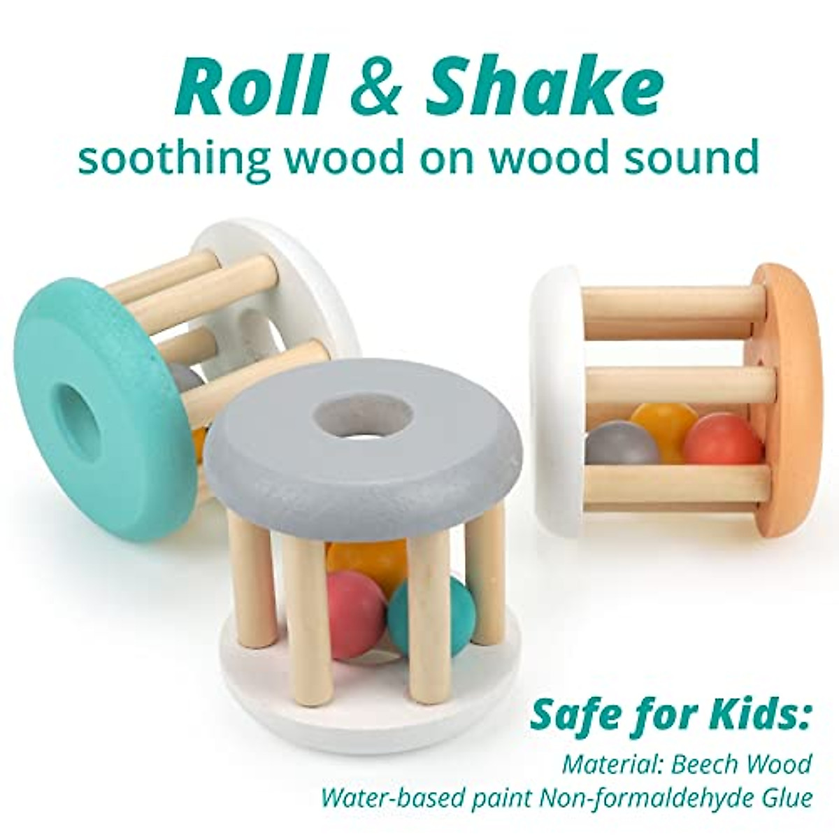 DUCKBOXX XX Wooden Rattle Rollers for Babies Ages 0m – 2yrs (White Base - 3pcs)