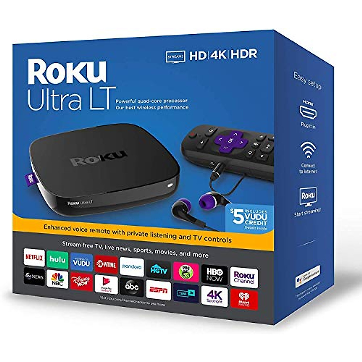 Roku Ultra LT 4K/HDR/HD Streaming Player with Enhanced Voice Remote, Ethernet, MicroSD with Premium 6FT 4K Ready HDMI Cable (Renewed)