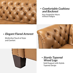HULALA HOME Tufted Genuine Leather Sofa Couch 2-Seater Chesterfield Sectional Sofa for Living Room, Camel