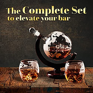 Kemstood Whiskey Decanter Set - Etched World Globe Whiskey Decanter Sets for Men with 2 Glasses in Gift Box - Whiskey Gifts for Men - Home Bar Accessories for Alcohol Drinks- Fathers Day