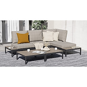 Grand patio Outdoor Sectional Sofa Set, Aluminum Frame Conversation Set with Cushion & Woodgrain Built-in Side Coffee Table, 4-Piece Modern Furniture Set for Poolside, Backyard, Deck