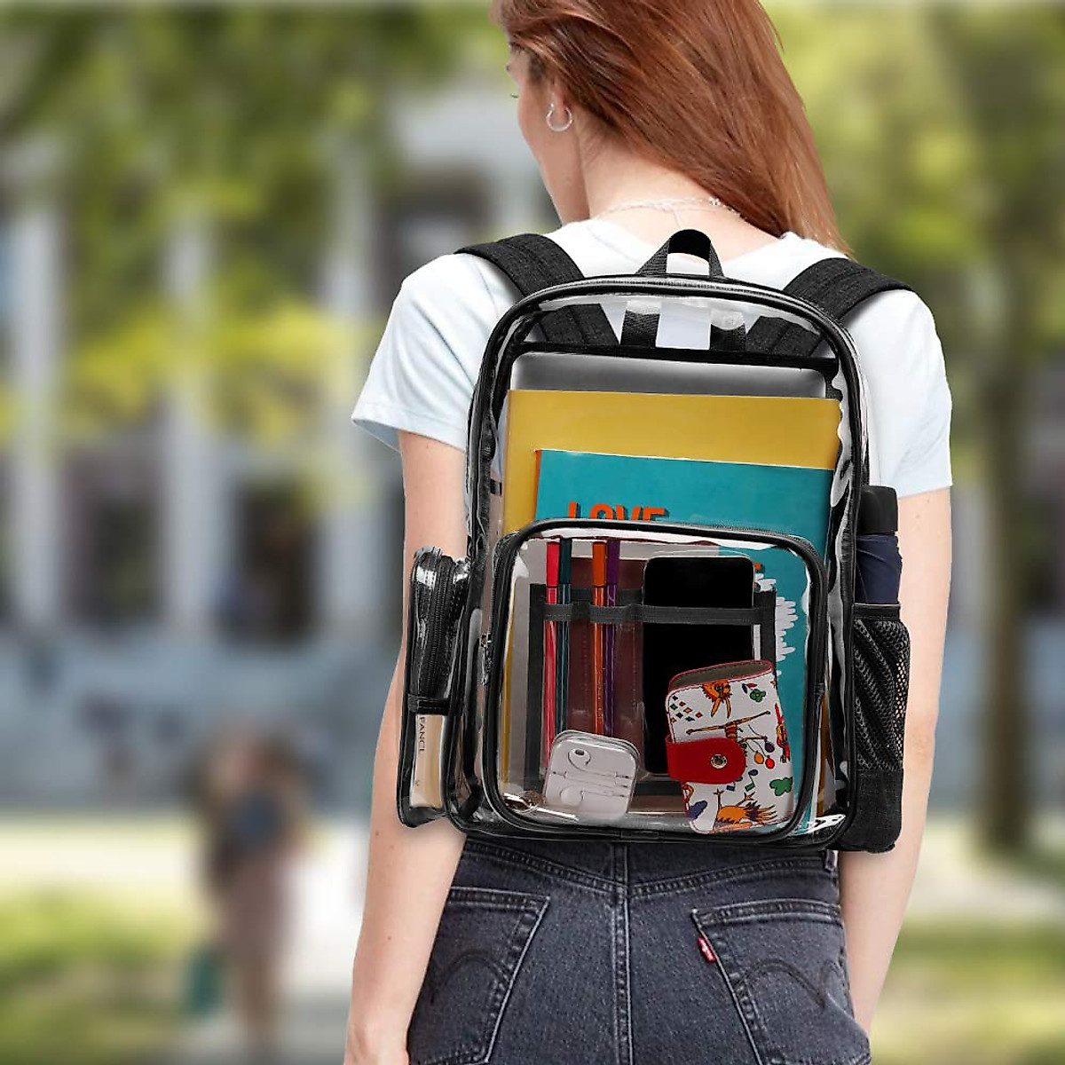 PACKISM Clear Backpack, Heavy Duty Clear Backpack for Adults Transparent See Through PVC Backpack for School, Workplace, Travel, College, Black(for age 12 or above)