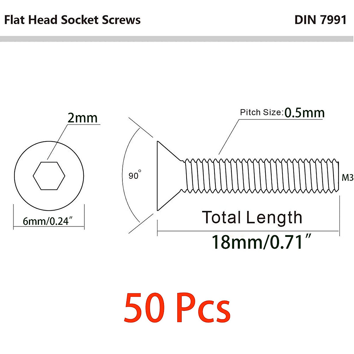 50 Pcs M3-0.5 x 18mm Flat Head Socket Cap Screws Bolts, Stainless Steel 18-8 (304), Bright Finish, Allen Socket Drive,Machine Screws Inner Hex Screw Fasteners Bolts