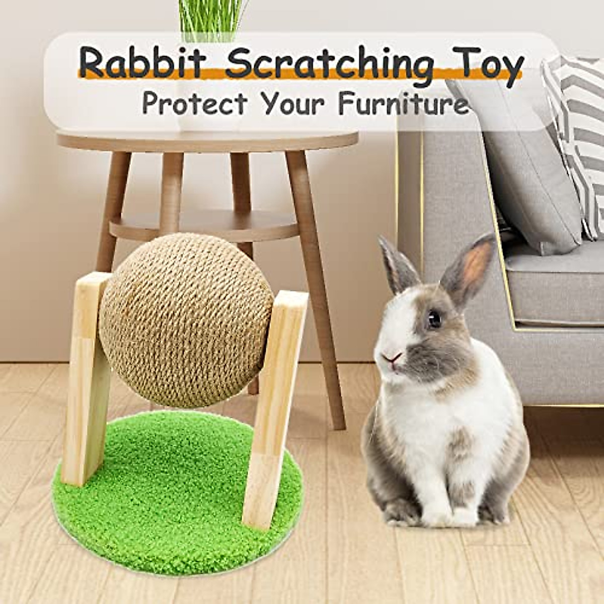 BNOSDM Rabbit Scratch Toy Natural Sisal Wood Rabbit Scratching Ball Toy Bunny Scratcher with Ball for Indoor Rabbits Bunnies Kittens Ferrets Chinchillas Small Animals (Small)