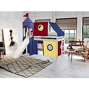 JACKPOT! Castle Low Loft Bed with Slide Red & Blue Tent and Tower, Loft Bed, Twin, White