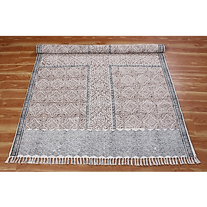 Casavani Hand Block Printed Hand Made Brown, Black Geometric Tassel Rug Cotton Easy Washable Rugs Floor Carpet for Doormat Entryway Living Room Bedroom Hallway Balcony 6x12 Feet Runner