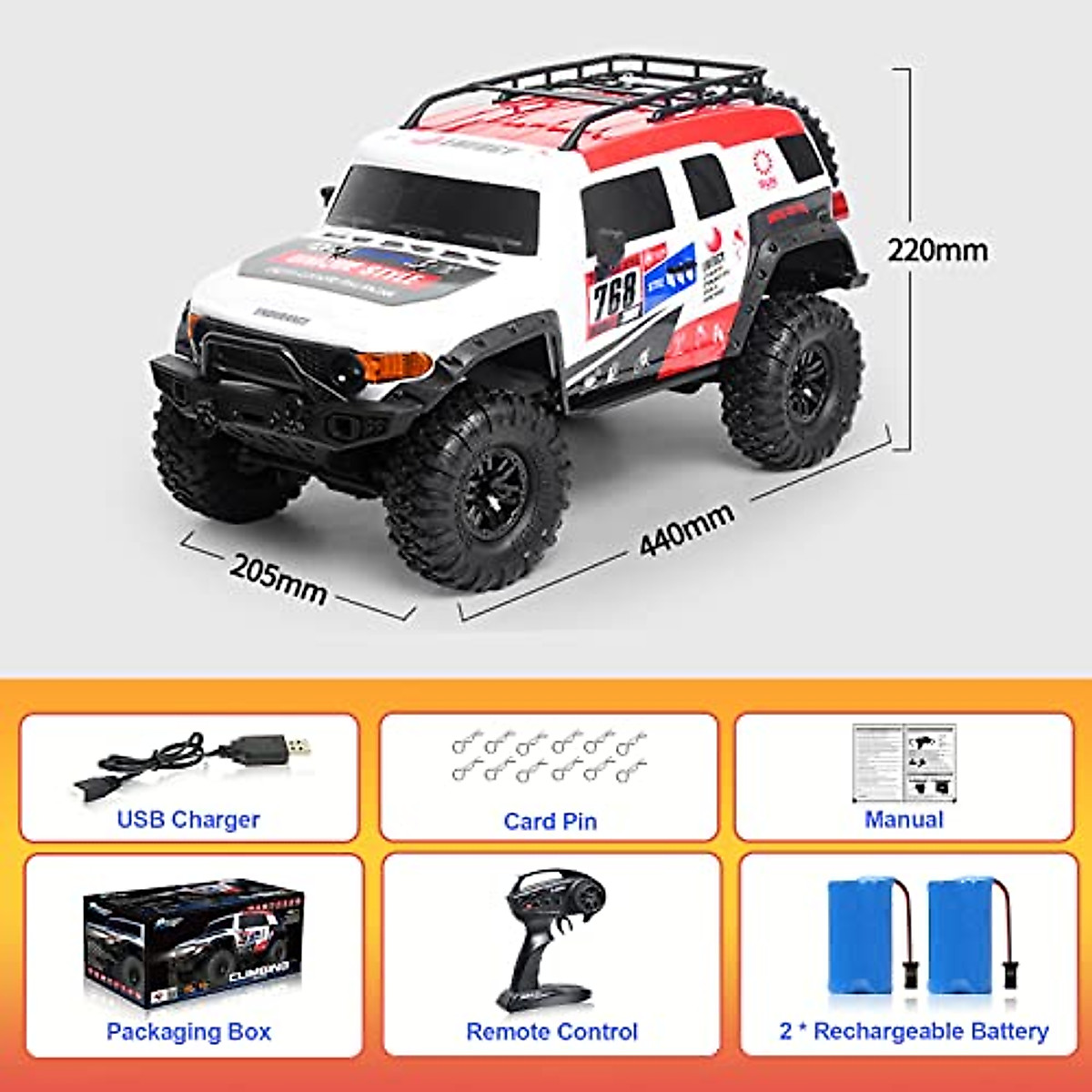 Desdoni RC Cars RC Crawler 1/10 Scale RTR Remote Control Car 4WD 2.4GHz Brushed Offroad Racing Hobby Grade Model Vehicle with LED Lights 2Pcs Battery Toy for Kids and Adults