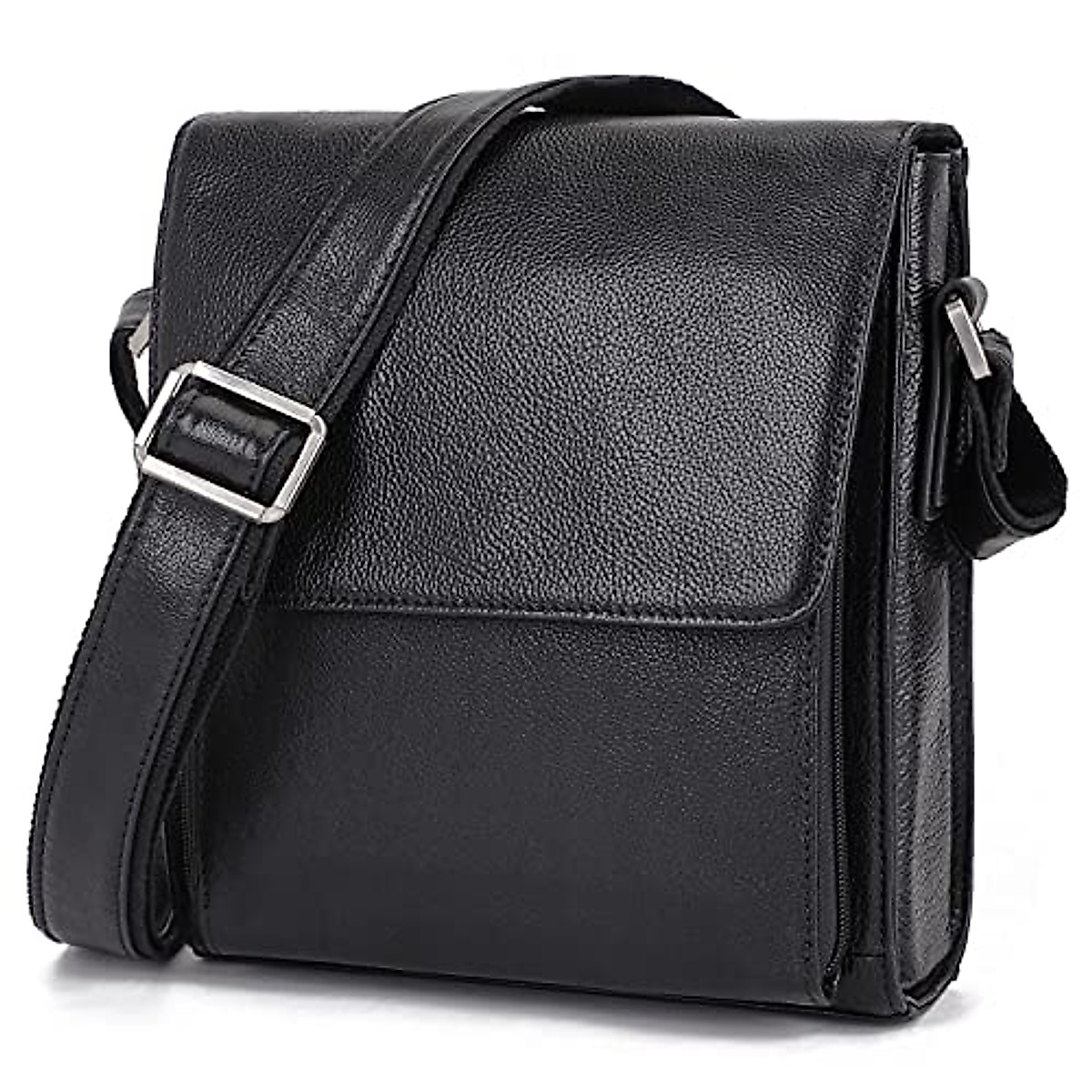 Augus Leather Messenger Shoulder Crossbody Bag for Men Work Business Vintage Magnetic Buckle Big Capacity Adjustable straps (Black)