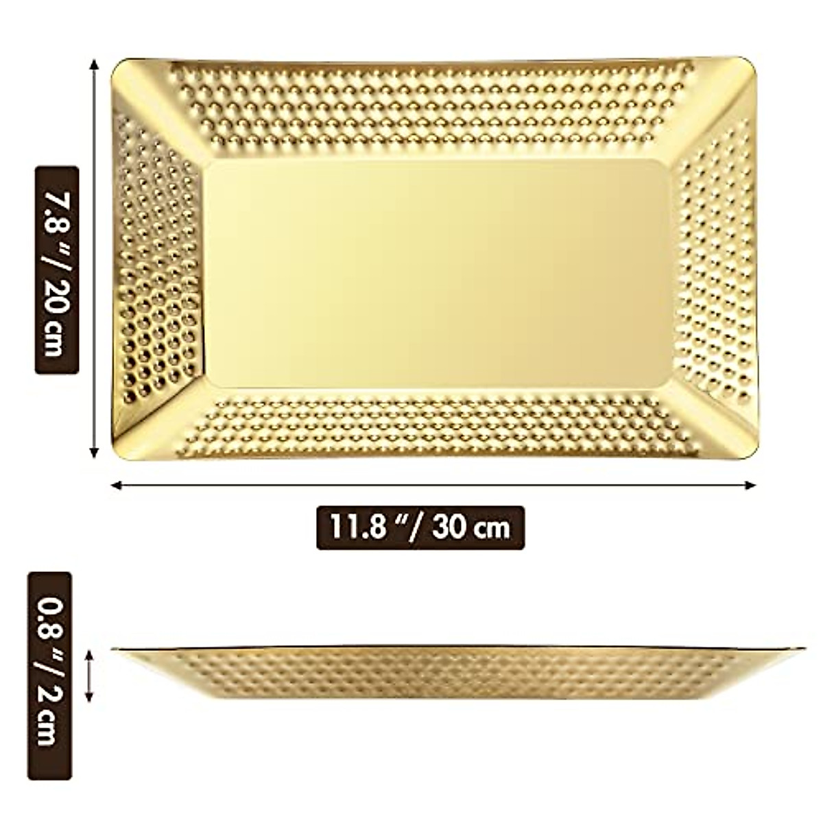 Koluti 12 Inch Gold Rectangle Decorative Tray, Brass Tone Hammered Nightstand Accessory Dresser Serving Plate, Counter Perfume Jewelry Makeup Organizer Storage, Stainless Steel