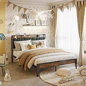 ClouDDwell Queen Size Bed Frame and Headboard with Charging Station, Queen Bed Frame with Storage, Heavy Duty Steel Support, No Box Spring Needed, Squeak Resistant, Rustic Brown and Grey